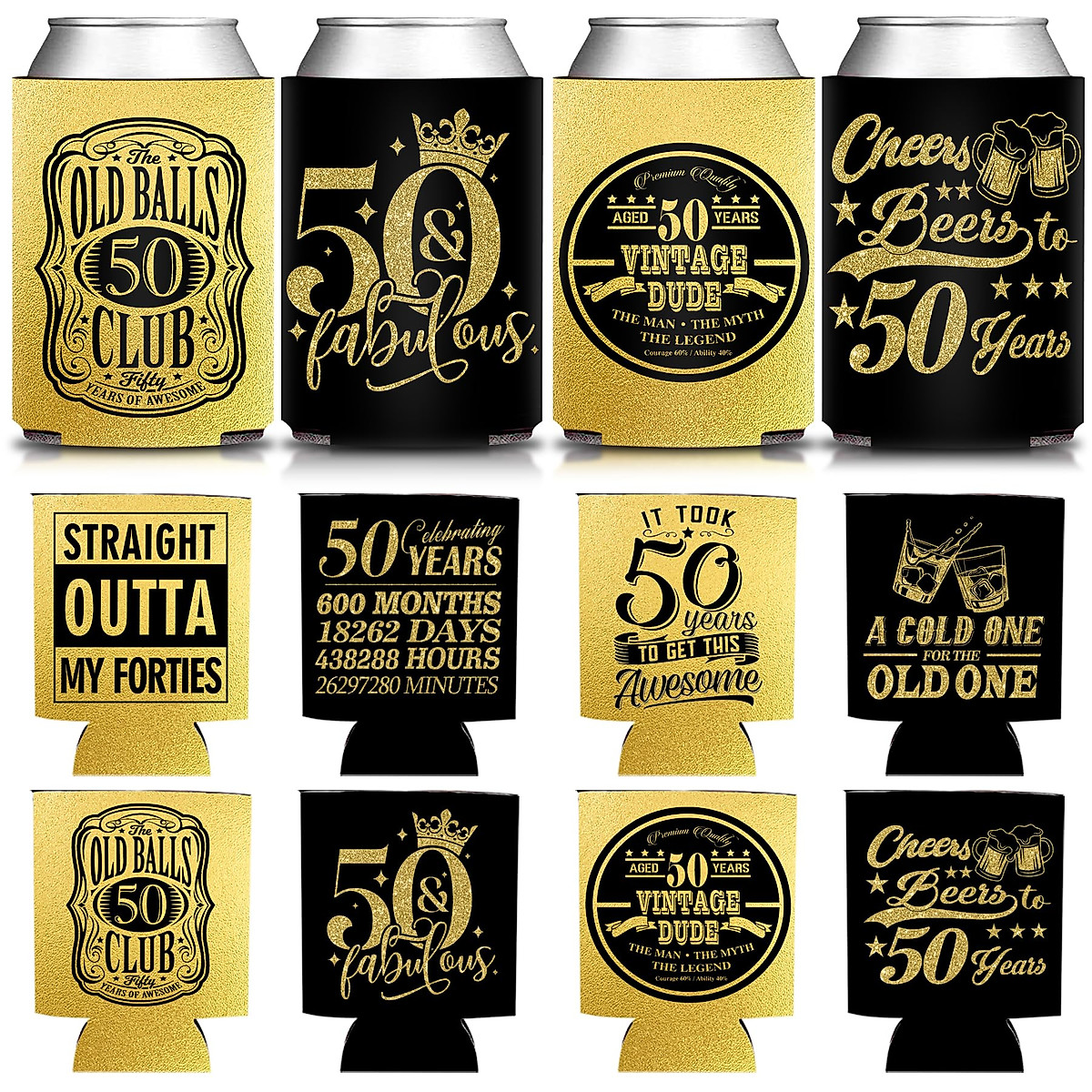 KARAQY 12 Pcs 50th Birthday Party Can Coolers - Black and Gold Cheers to 50 Years Can Sleeves, Happy 50th Birthday Decorations for Men Women 50th Birthday Party Supplies