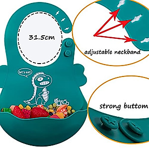 KAVONOI Baby Feeding Set，Silicone Suction Plate Dinosaur Shape SelfFeeding Adjustable Bib， Suction Plate for Baby Toddler with Spoon Fork Adjustable Bib Set -Blue Dinosaurs