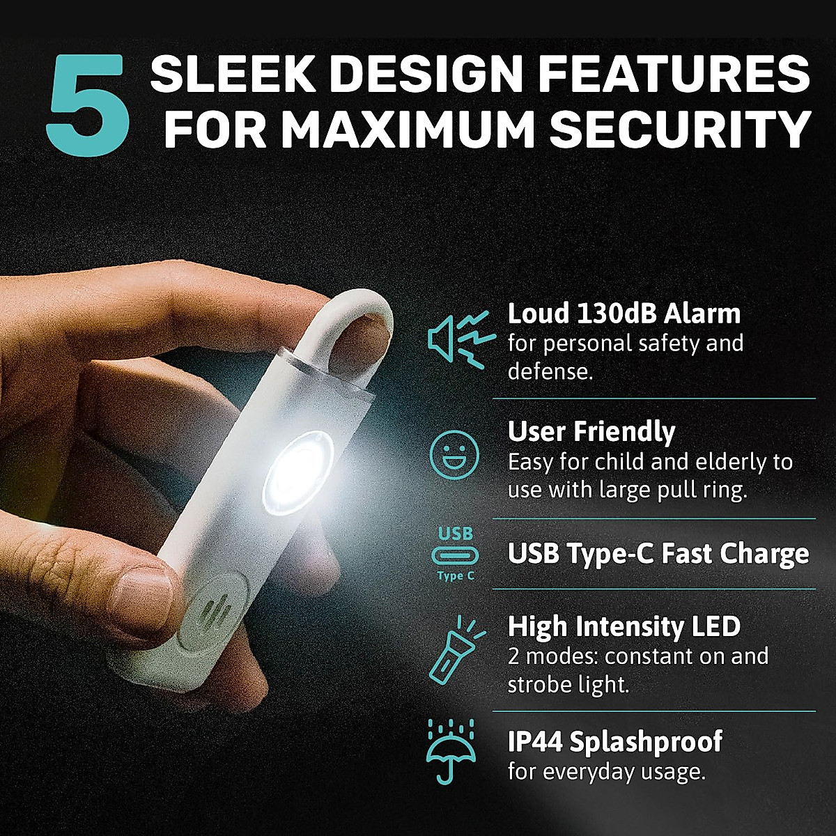 Elos Personal Alarm Keychain for Women & for Seniors Pull pin, LED Light, 130db Siren - Safealarm with Loud Protector, Hand held Safety Alarms, Pocket Alarm Protection for Emergency (Smoky Black)