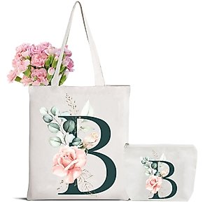 meetyours Initial Tote Bag and Letter Cosmetic Bag Canvas Beach Bag Bridesmaid Birthday Wedding Bachelorette Party Gift (a)