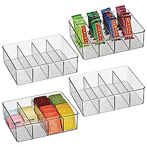 mDesign Plastic Stackable Tea Bag Storage Organizer Bin with 4 Divided Compartments - Holder for Kitchen Cabinet, Pantry, Countertop - Holds Sugar Packets, Coffee Pods, Ligne Collection, 4 Pack, Clear