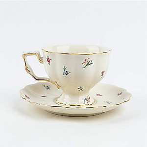 Tmore Porcelain Tea Cup and Saucer Sets Vintage Coffee Mug Morning Tea Cup with Gold Trim Elegant Floral British Tea Cups, 220ml Coffee Cup + Saucer + Teaspoon (Flower)