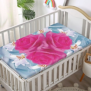 Rose Themed Fitted Crib Sheet,Standard Crib Mattress Fitted Sheet Soft & Stretchy Fitted Crib Sheet-Baby Crib Sheets for Girl or Boy,28“ x52“,Fuchsia Blue