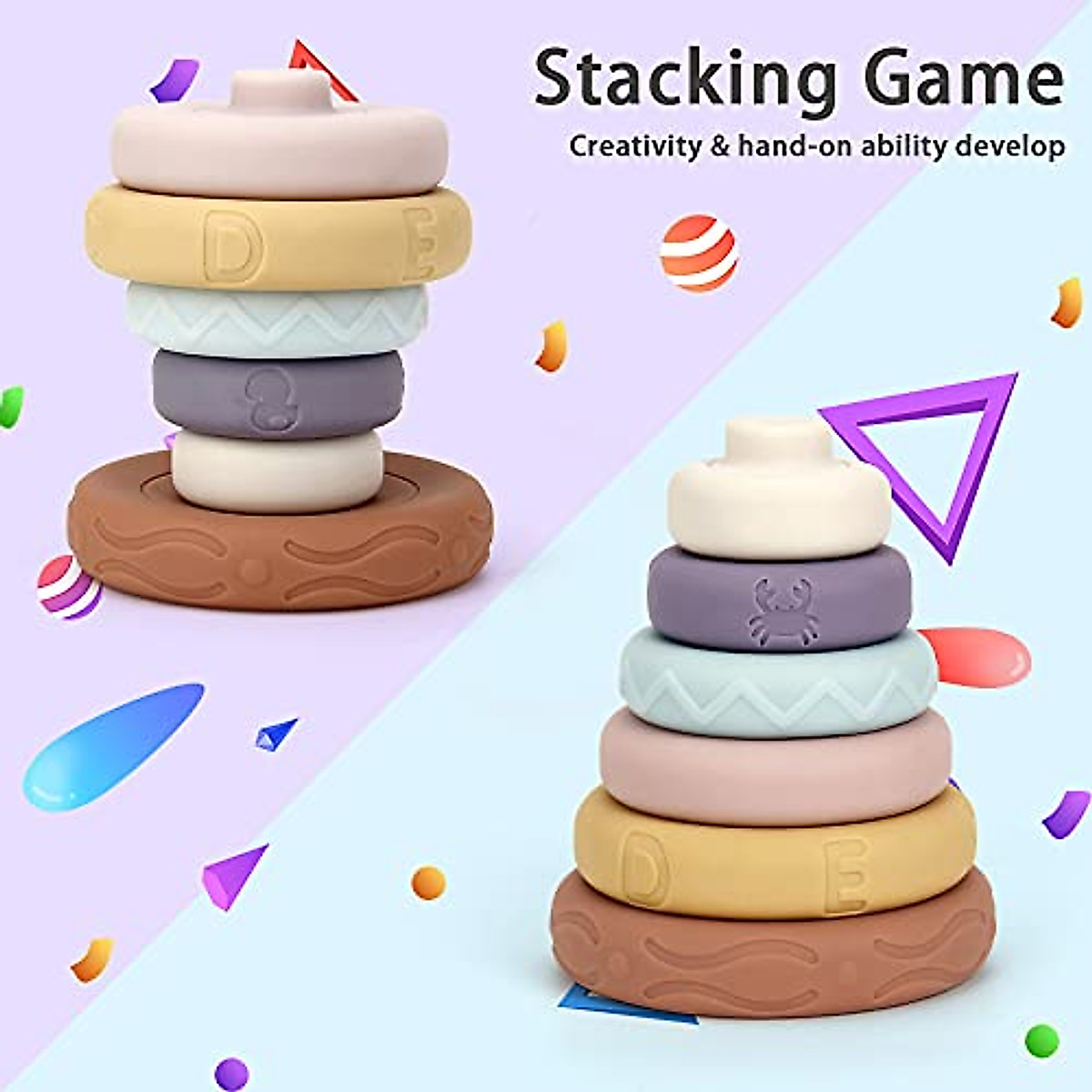 Mini Tudou Stacking & Nesting Circle Toy,6 Pcs Soft Building Rings Stacker & Teethers,Squeeze Play with Early Educational Learning Stacking Tower, Toy for 6+ Months Boys & Girls