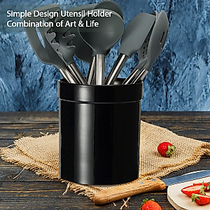 MEIGUI Ceramic Kitchen Utensil Holder, Utensil Crock Large Utensils Holder for Kitchen Decor, Cooking Tool Utensils Caddy for Countertop, Pure Black