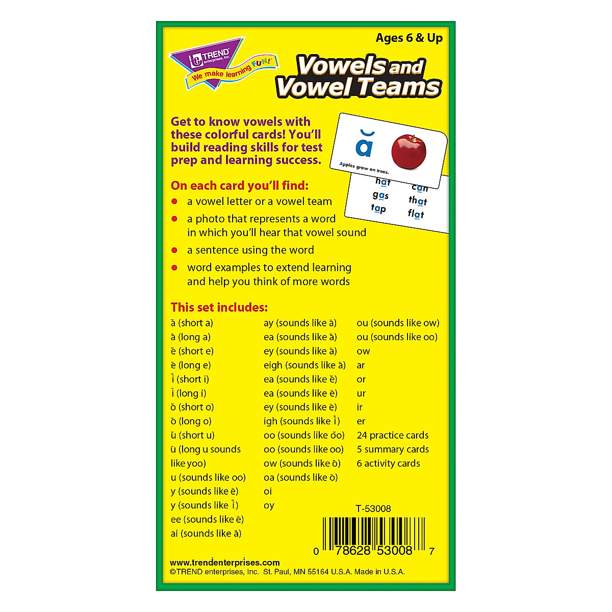 Trend Enterprises: Vowels and Vowel Teams Skill Drill Flash Cards, Sound-It-Out Hints, Photo & Sentence Cues, Great for Skill Building and Test Prep, 72 Cards Included, Ages 6 and Up