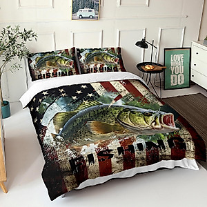 AILONEN Big Pike Fishing Duvet Cover for Boys Teen King Size, Bass Fish American Flag Pattern Bedding Set,Hunting and Fishing Comforter Cover,3 Pieces,1 Quilt Cover and 2 Pillowcases