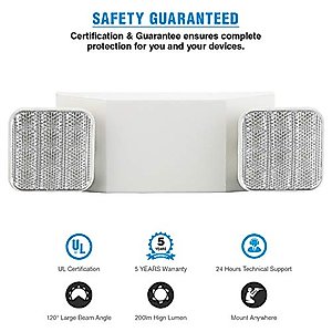 EXITLUX 1 Pack LED Emergency Lighting Fixture with 2 LED Heads-Hardwired Adjustable White Commercial Emergency Lights with Battery Backup for Power Failure