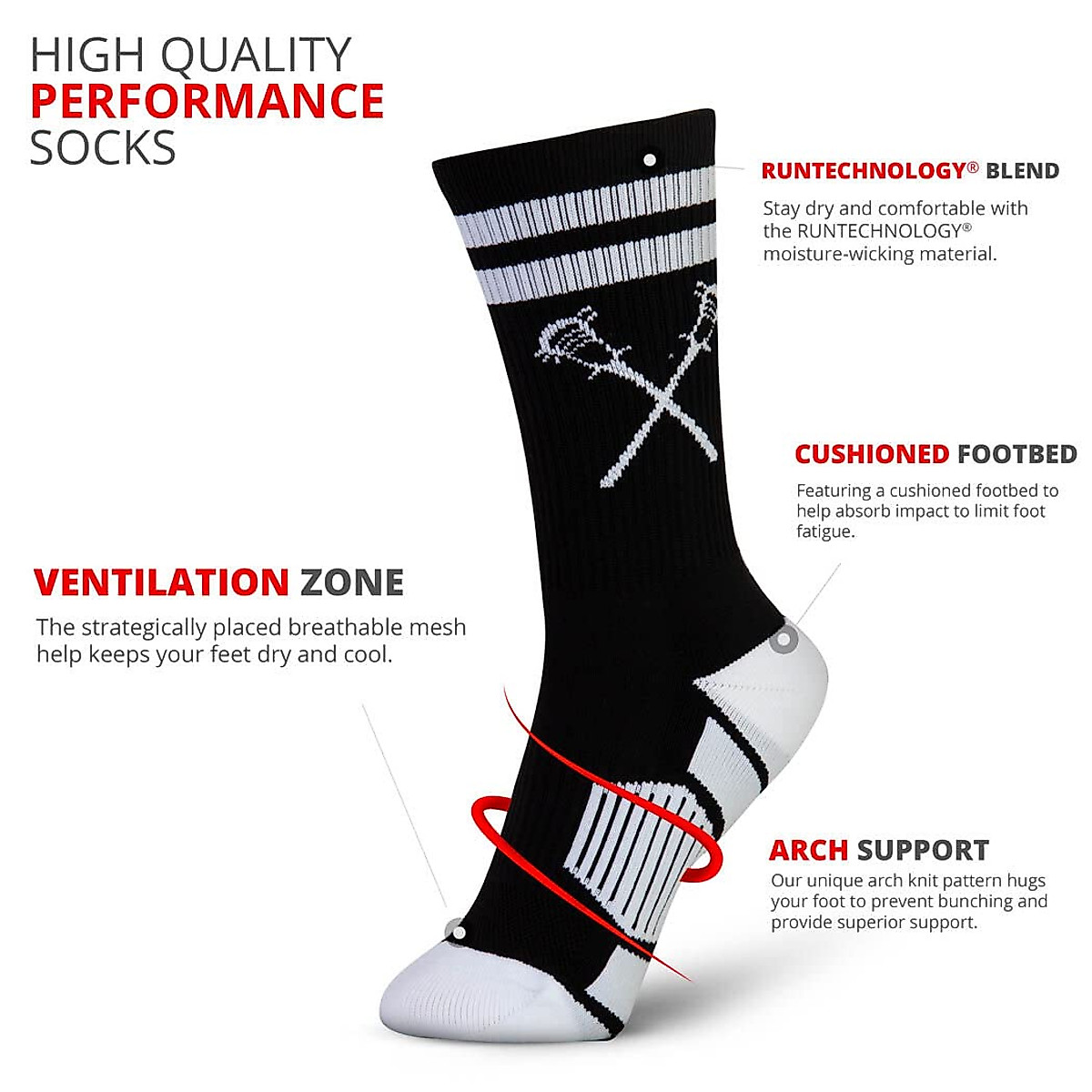 ChalkTalkSPORTS Lacrosse Woven Mid-Calf Socks | Retro Crossed Sticks | Black & White