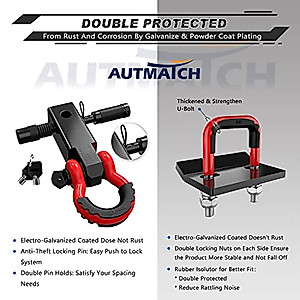 AUTMATCH Shackle Hitch Receiver 2 Inch with Hitch Tightener Anti-Rattle Clamp, 3/4" D Ring Shackle and 5/8" Trailer Hitch Lock Pin, Heavy Duty Receiver Kit for Vehicle Recovery, Red & Black