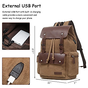 LACATTURA Vintage Leather Backpack for Men and Women, Denim Canvas School Bookbag College Travel Laptop Rucksack Vegan Daypack - Brown