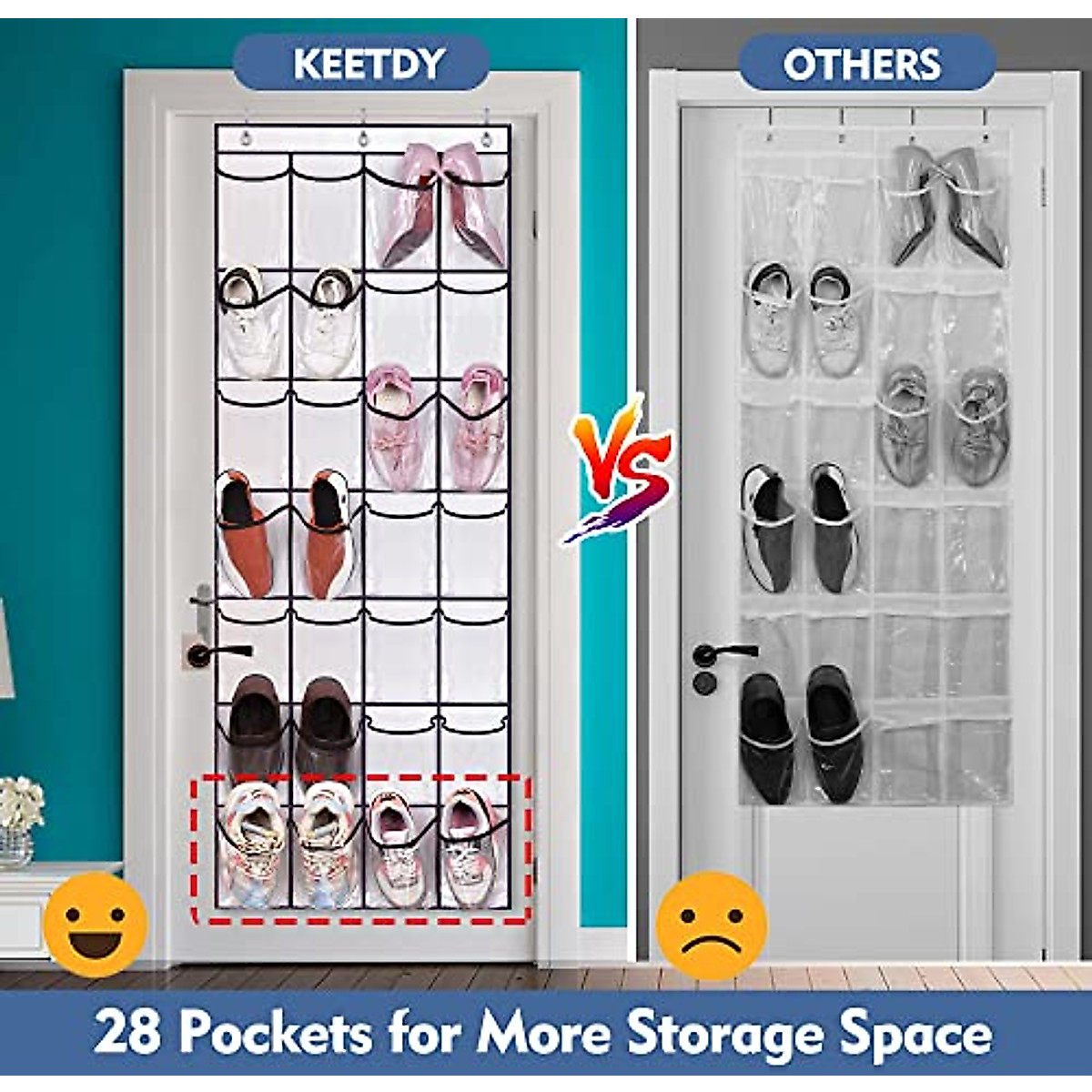 KEETDY 28 Large Clear Over The Door Shoe Rack and Door Shoe Organizer with 8 Deep Pockets