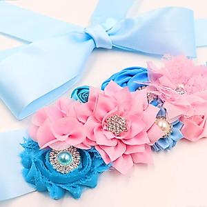 Gender Reveal Maternity Sash - Baby Reveal Pregnancy Sash Keepsake Baby Shower Flower Belly Belt (Pink & Blue)
