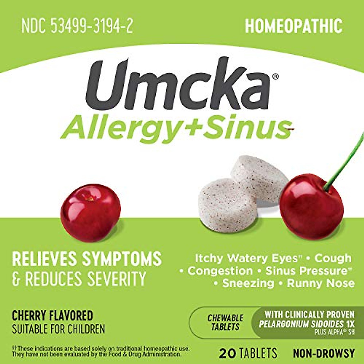 Nature's Way Umcka Allergy and Sinus Homeopathic Chewable Tablets- Cherry Flavor- 20 Count