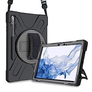 ProCase Galaxy Tab S8 Plus 2022 / S7 Plus 12.4” 2020 Case with S Pen Holder (Model SM-X800/X806/T970/T975), Rugged Heavy Duty Shockproof Case with Hand Strap Rotating Kickstand Protective Cover–Black
