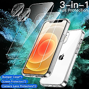 JETech 3 in 1 Case for iPhone 12 6.1-Inch, with 2-Pack Screen Protector and 2-Pack Camera Lens Protector, Non-Yellowing Shockproof Bumper Phone Cover, Full Coverage Tempered Glass Film (Clear)