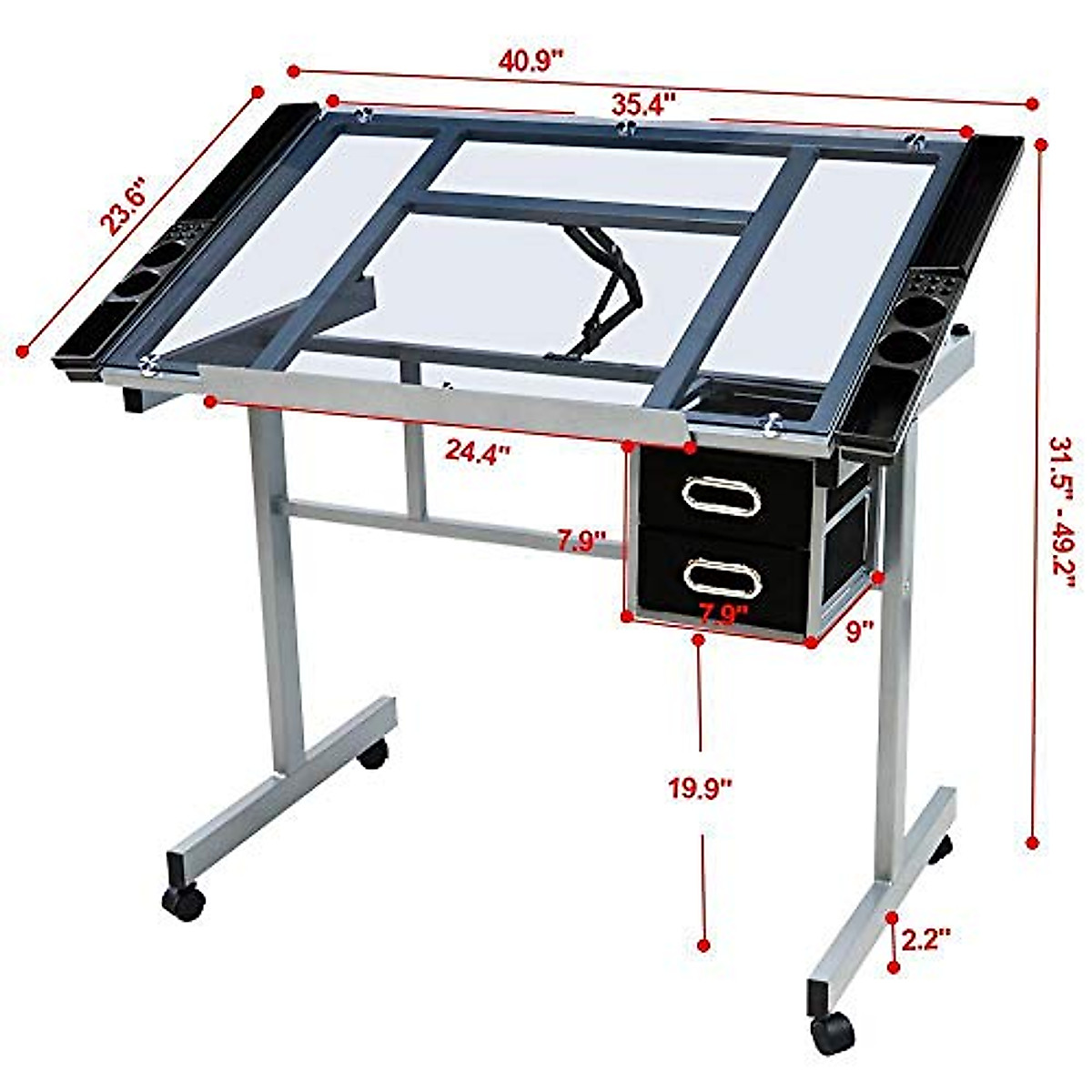 Yaheetech Adjustable Drafting Draft Table Glass Drawing Desk Tiltable Tabletop w/Stool and Storage Drawers for Reading, Writing, Painting Art Craft Work Station
