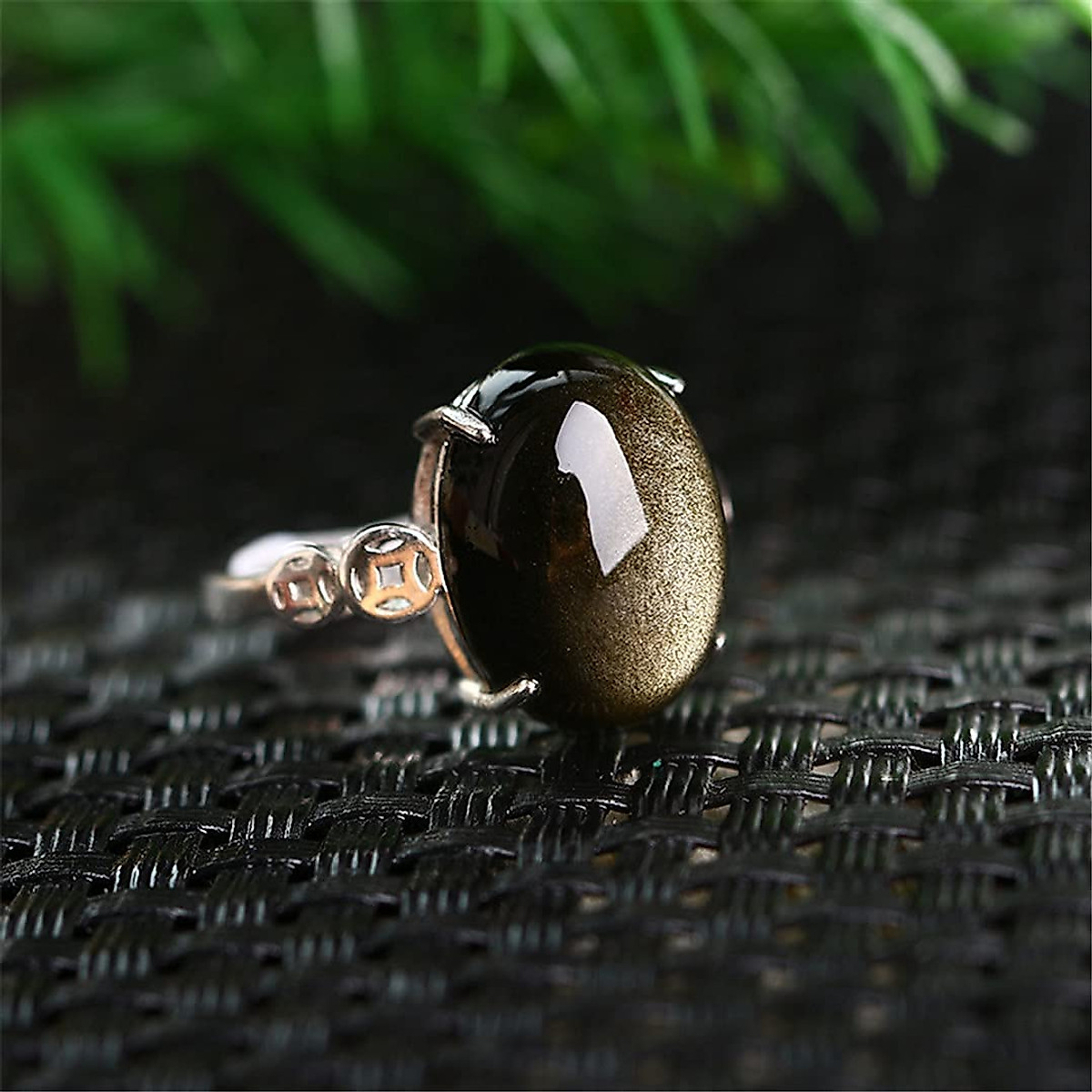 DUOVEKT Natural Gold Obsidian Ring Jewelry For Woman Men Healing Crystal Quartz Stone 16x12mm Beads Gemstone Adjustable Ring AAAAA