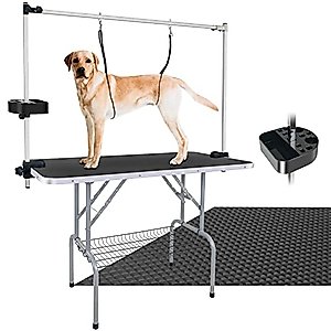 LEIBOU 45'' Professional Foldable Heavy Duty Dog Pet Grooming Table with Tool Holder H-Shape Arm & Noose & Mesh Tray, Maximum Capacity Up to 260lbs, Black