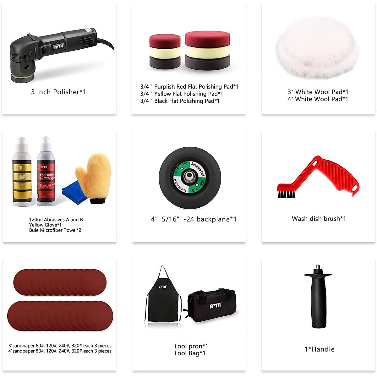 Mini Polisher, Mini Buffer, Small Buffer Polisher, SPTA Mini Oribtal Polisher 3 Inch 10mm/780W Variable Speed Orbit Dual Action Polisher With Polishing Pads+Sanding Discs+Pad Conditioning Brush