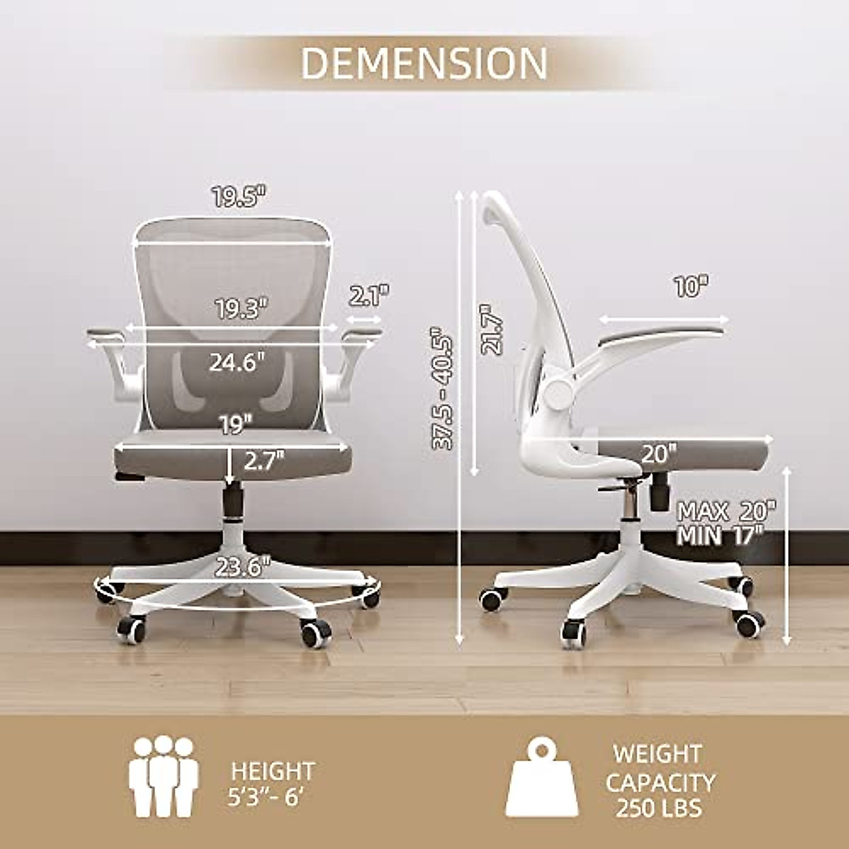 Monhey Office Chair - Ergonomic Office Chair with Lumbar Support & Flip-up Arms Home Office Desk Chairs Height Adjustable High Back Rockable Computer Chair Swivel 360° Warm Taupe Mesh Study Chair