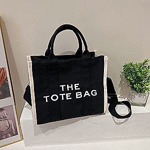 CEDDEOS Canvas Tote Bags for Women, Trendy Travel Denim Shoulder Crossbody Handbag, Casual Large Capacity Tote Purse Neverfull Bag with Zipper, Work for Office School Black