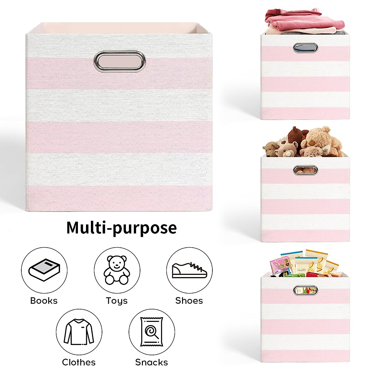 13x13 Collapsible Storage Bins, Cubby Storage Boxes with Handles for Organizing Shelf Closet, Offices, Home Decor, 4 Pack, Pink-white Stripes