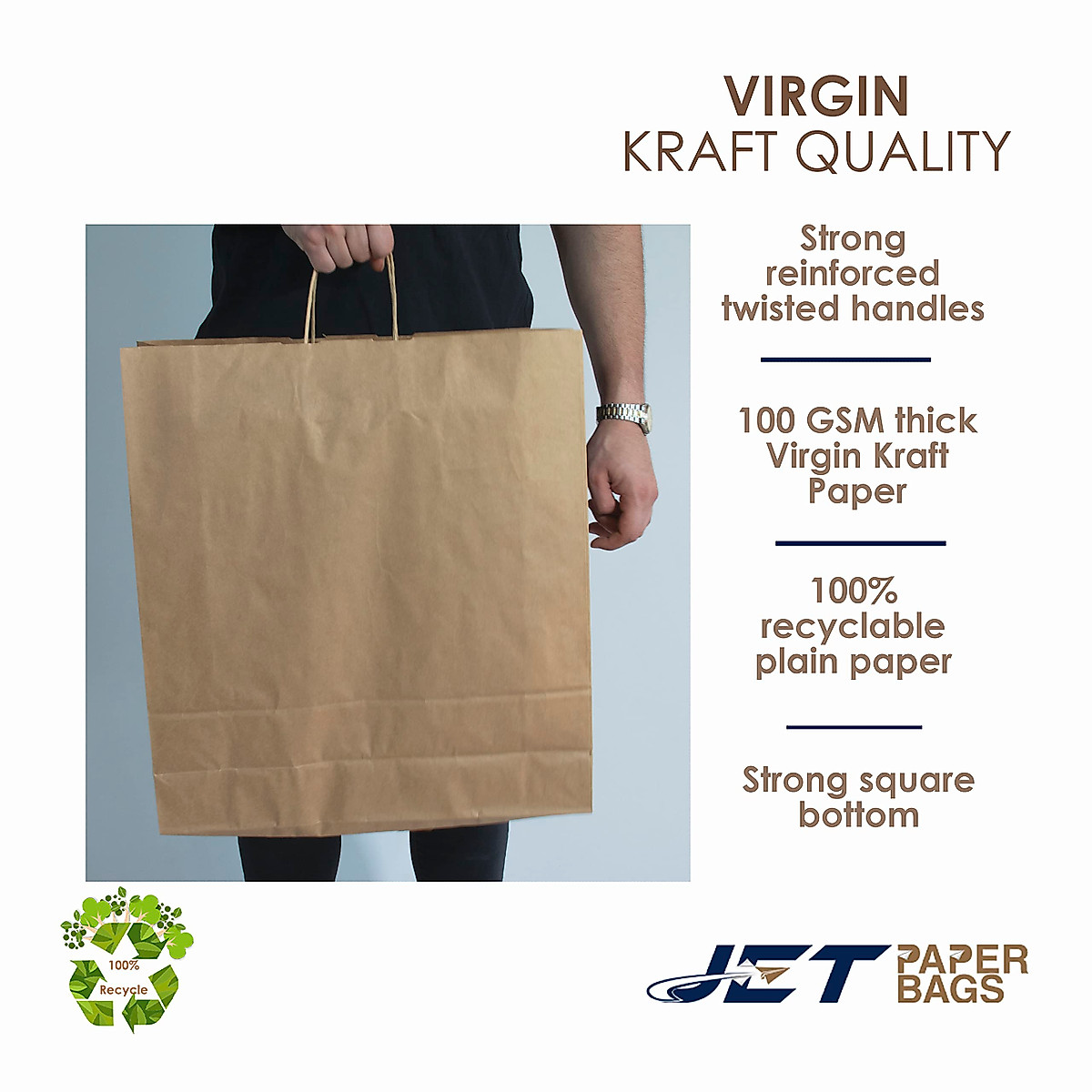 JET PAPER BAGS - 18x5x19.75 Inch [50 Pcs] Large Brown Paper Bags with Handles Prime for Takeout, Grocery, Goody, Retail, Party, Gifts, Weddings - Recyclable Kraft Paper Gift Bags with Handles