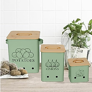 Xbopetda Potato Onion Garlic storage, Canister Sets for Kitchen Counter, Storage Set for Potato Onion Garlic, Kitchen Storage Bin Jars Pots with Aerating Tin Storage Holes & Wooden Lid - Green