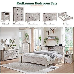 RedLemon Farmhouse Queen Size Bed Frame with Bookcase Headboard, Sliding Barn Door, Storage Cabinet, Charging Station, Wood Slats Support, No Box Spring Needed, Antique Brush White