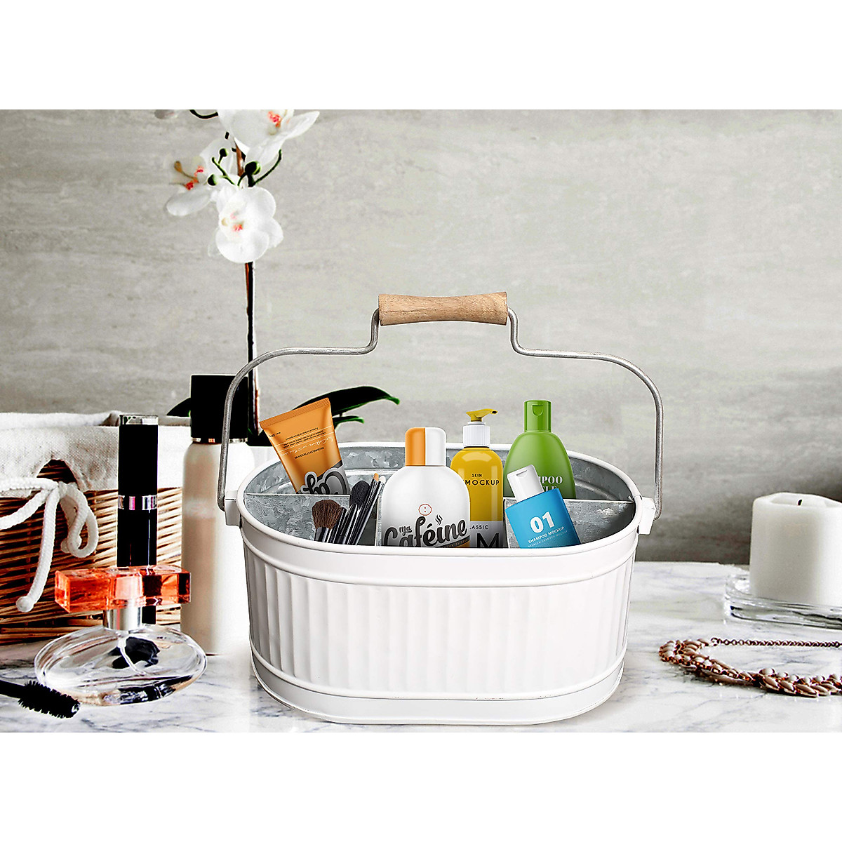 utensil caddy for parties, utensil caddy for countertop, kitchen utensil caddy, plate and utensil caddy - picnic utensil caddy, kitchen utensil caddy for countertop - 12 Inches (Snowy White/Grey)