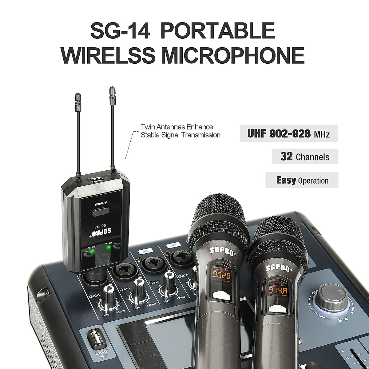 SGPRO Multiple-Purpose Wireless Microphone Set Compact Receiver Mute Function Battery Indicator for Singing, DJ, Speech, Classroom, Church, Home Karaoke and More (SG-14 | Dual Handheld Set)