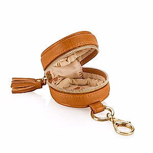 Itzy Ritzy Pacifier Holder Case with Clip - Pacifier Case Includes Clasp to Easily Attach to a Diaper Bag or Purse, Measures 2.5" in Diameter and Holds 2 Pacifiers (Cognac)