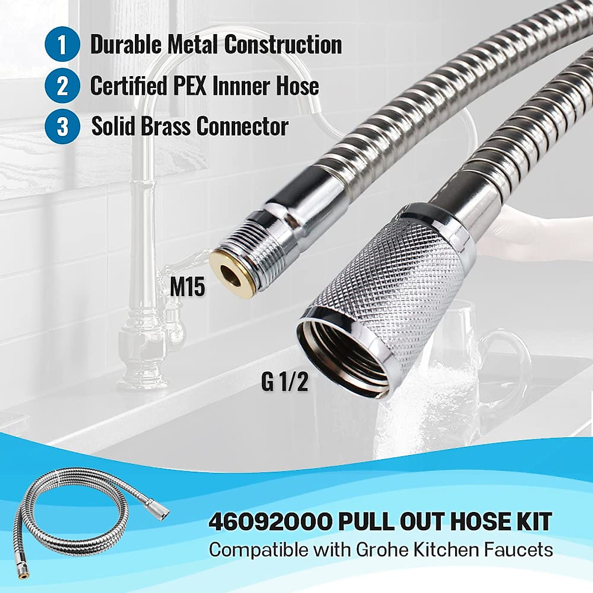 Pull Down Kitchen Faucet Hose Faucet Extender 46092000, Sink Hose Attachment for Faucet for Grohe Kitchen Faucets, Alira and Ladylux and Euro Plus, 59" Inches Chrome Finish