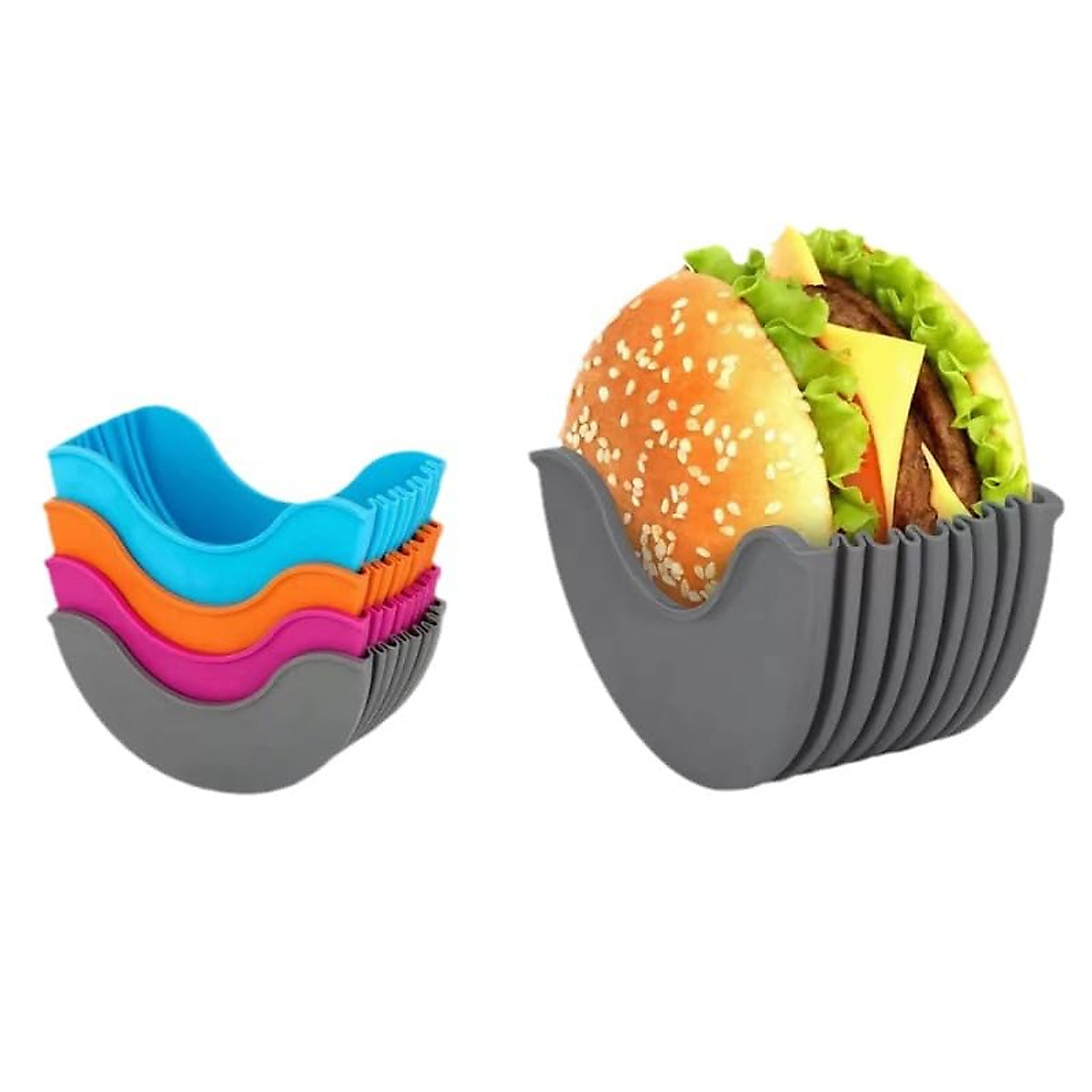 4 PCS Reusable Burger Holder Clip，Retractable Burger Fixed Box, Touch-Free Burger Clip, Retractable Adjustable Sandwich/Hamburger Holders for Burger Lovers the aged and Children, Food Grade Silicone