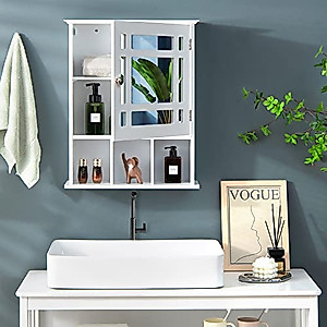 Tangkula Wall-Mounted Bathroom Cabinet, 2-in-1 Storage Organizer with Mirror Door, Wall-Mounted Medicine Cabinet with Adjustable Shelf & 3 Open Compartments for Bathroom, Living Room, Entryway