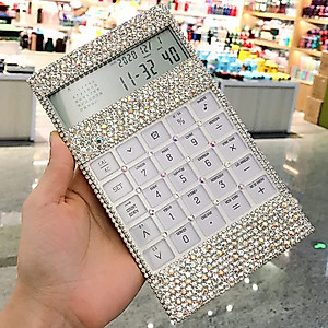 Glitter Calculator Silver Calculators Sparkle Bling Rhinestone Caiculator Office Home Electronics Diamond Desktop Calculator Solar Power 12 Digits Tilted LCD Display