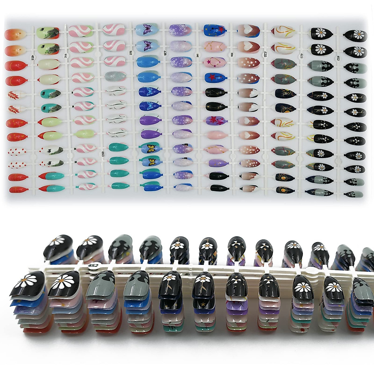 LoveOurHome 240pc Almond Press on Nails Flower Swirl Butterfly 10 Designs Medium Pointed Acrylic French Tips Full Cover Gel Fake Nails Reusable Artificial Fingernails for Women Girls Kids