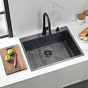 28 Inch Drop In Black Stainless Steel Kitchen Sink, Doirteal 28 x 22 x 10 Inch Matte Black Kitchen Sink 16 Gauge Stainless Steel Topmount Single Bowl Sink Single Basin with Bottom Grid