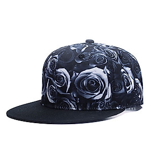 Quanhaigou Premium Floral Black White Rose Twill Adjustable Snapback Hat Hip-Hop Flat Peaked Baseball Caps