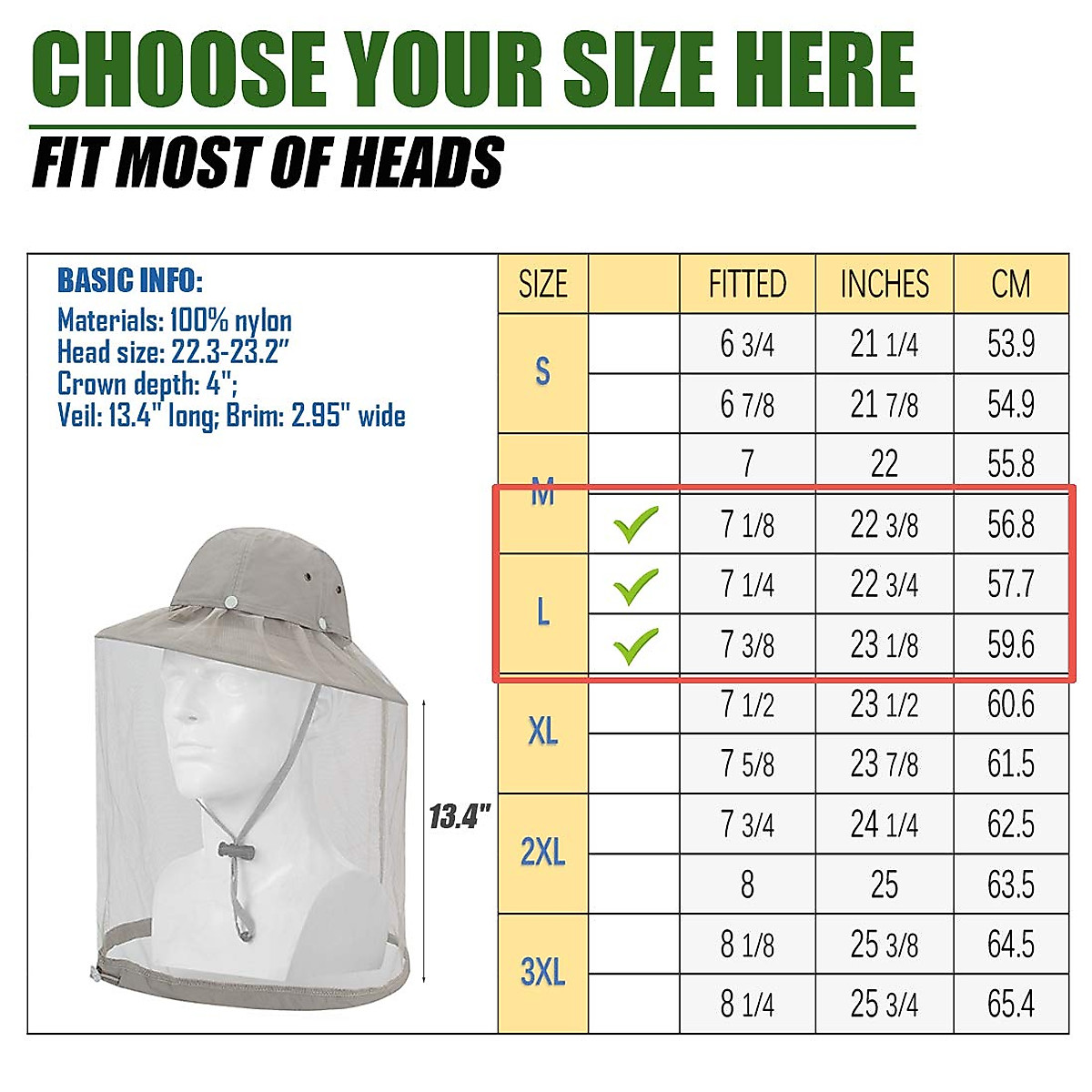 USHAKE Head Net Hat, Safari Hat Sun Hat Bucket Hat with Hidden Net Mesh Khaki