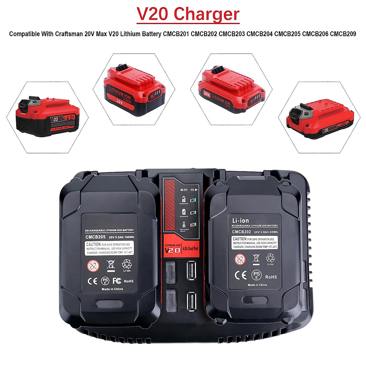 CMCB124 Dual Port V20 Battery Fast Charger Replacement for Craftsman 20V MAX V20 Battery Lithium CMCB202 CMCB201 CMCB209 CMCB205 CMCB100 CMCB102 CMCB101