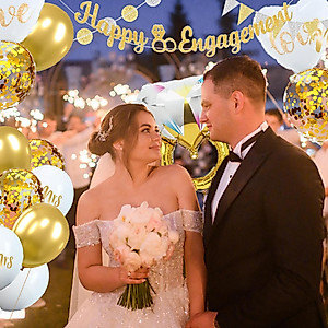 BANBALLON Engagement Party Decorations Gold and White Banner Balloons Cake Toppers Mrs and Mr Balloons Decorations for Engagement Theme Party Wedding Bridal Party Decorations Supplies (Style 01)