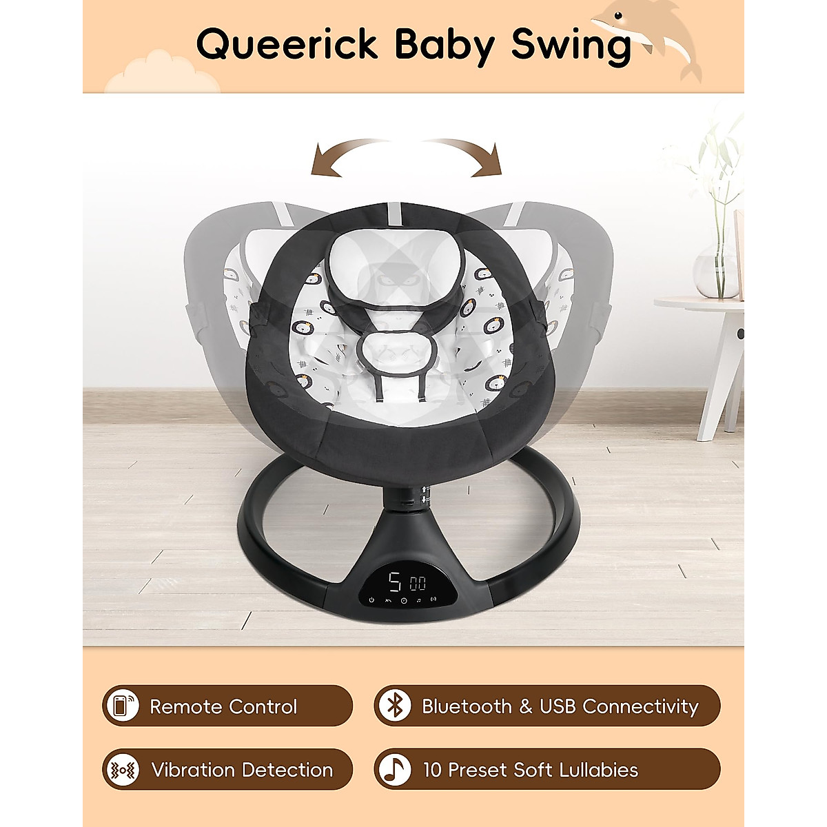 Baby Swing for Infants to Toddler Portable Babies Swing Timing Function 5 Swing Speeds Bluetooth Touch Screen Music Speaker with 10 Preset Lullabies 5-Point Carabiner