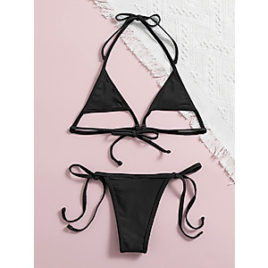 Milumia Women's 2 Piece Bathing Suit Cut Out Tie Halter Solid Bikini Swimwear Black Medium