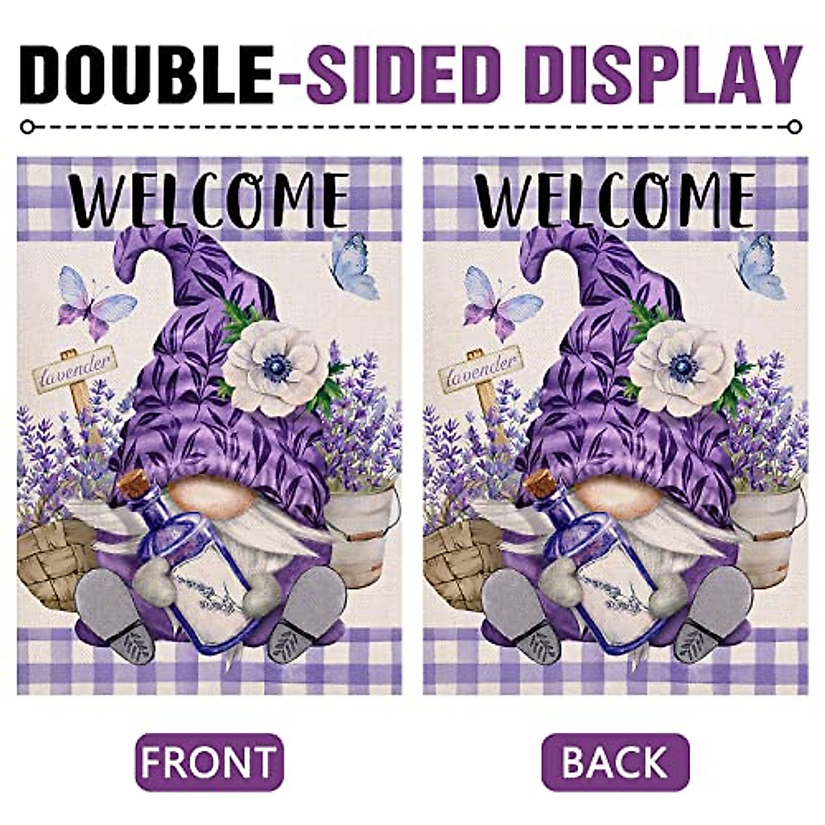 Dyrenson Welcome Spring Gnome Lavender Anemone Flower Decorative Garden Flag, Purple Buffalo Plaid Check Butterfly Floral House Yard Outside Decorations, Summer Farmhouse Outdoor Small Decor 12x18