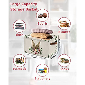Easter Storage Bins with Handles, Rabbit Ears Eucalyptus Leaves Flower Burlap Storage Basket for Shelves, Cube Storage Organizer Bins for Toys, Closet (1 Pack, 15" x 11" x 9.5")