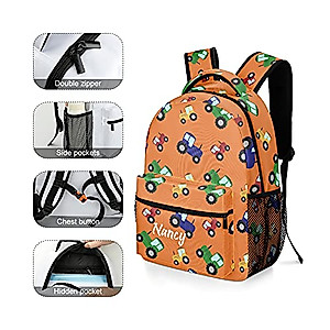 Personalized Orange Tractors Backpack School Bag with Name Waterproof Travel Daypack Bag for Man Woman Gifts