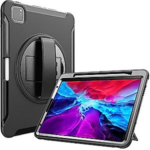 ProCase Rugged Case for iPad Pro 12.9 2020 2018 [Support Apple Pencil 2 Charging], Heavy Duty Kickstand Protective Cover for iPad Pro 12.9" 4th Generation 2020 / 3rd Gen 2019 -Black