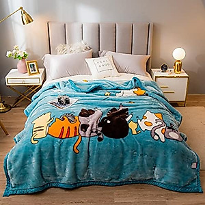 Korean Mink Blanket Plush Blanket Queen Size 80" x 90",8 Pounds Heavy Fleece Blanket Silky Soft Warm 2 Ply Cat Family Blue Throw A&B Printed Raschel Bed Blanket